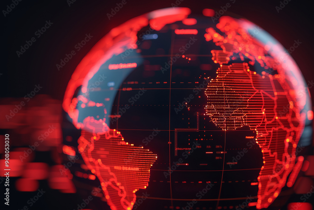 Futuristic holographic globe with red danger zones highlighting extreme ...