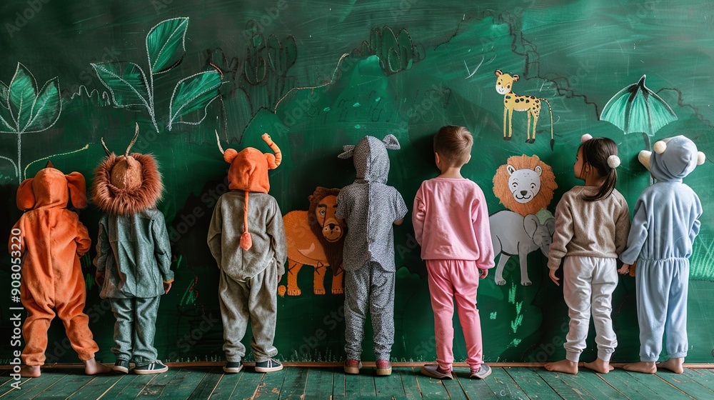 A group of kids dressed as different types of animals, such as a lion ...
