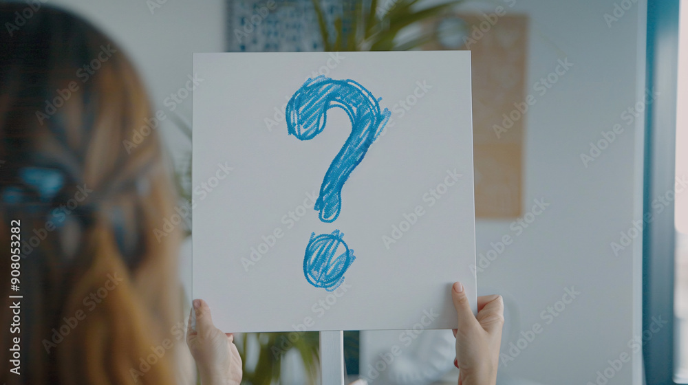 Blue question mark icon sketched on a whiteboard with clean background ...