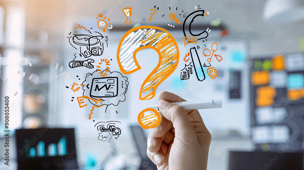 Hand holding a marker drawing a question mark icon on a whiteboard ...