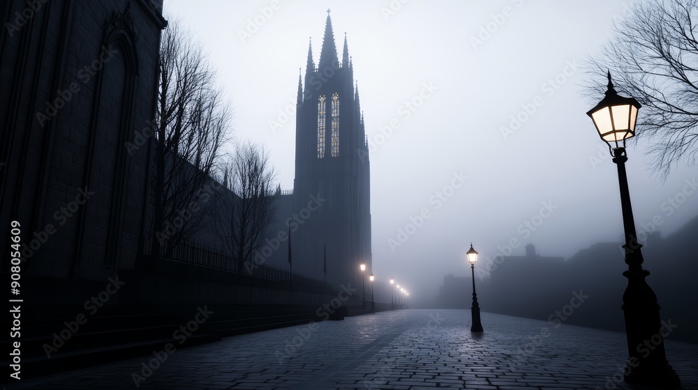Gloomy gothic town square shrouded in dense fog, towering cathedral ...