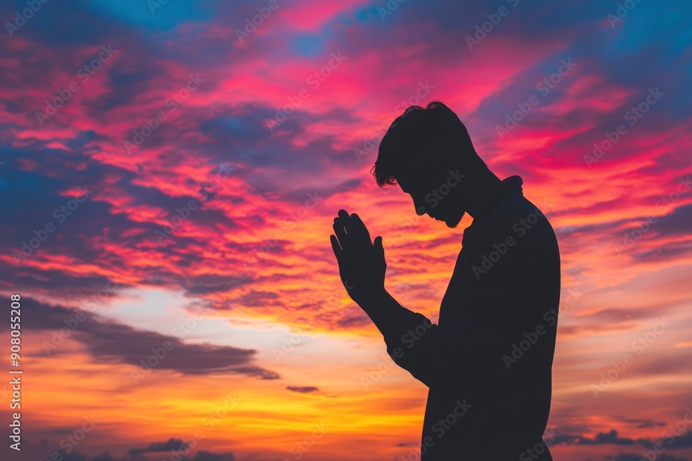Prayer concept. Silhouette of a young man in a praying pose. Set ...
