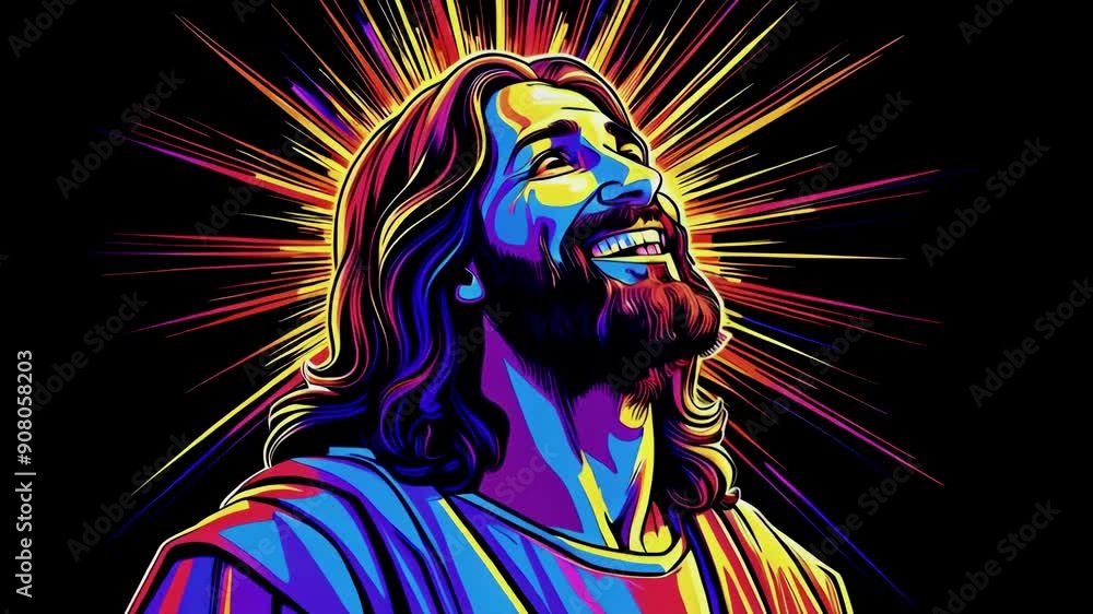 jesus christ face smiling with halo and rays of light cartoon style ...