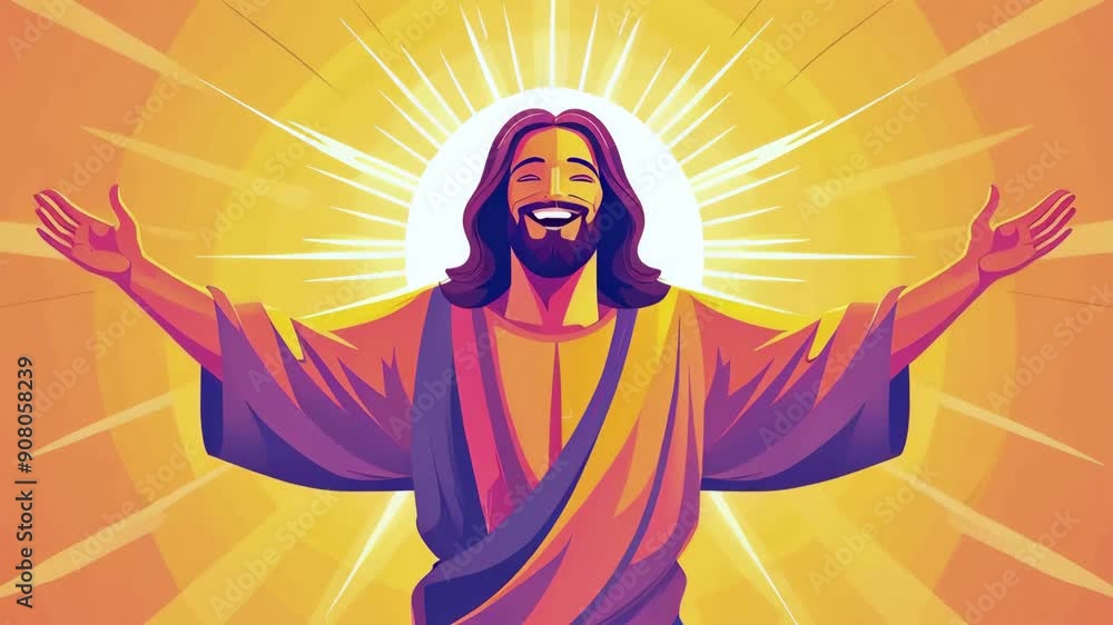 jesus christ face smiling with halo and rays of light cartoon style ...