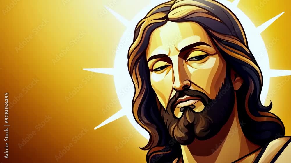 jesus christ face smiling with halo and rays of light cartoon style ...