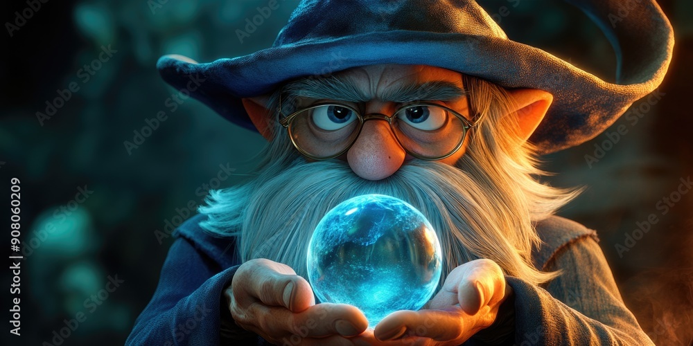 Enchanting Wizard Cartoon Character Reading Crystal Ball for Magic ...