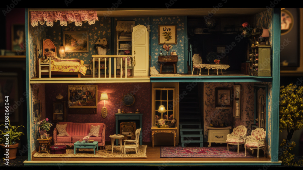 Illustrate a detailed dollhouse with rooms filled with miniature ...