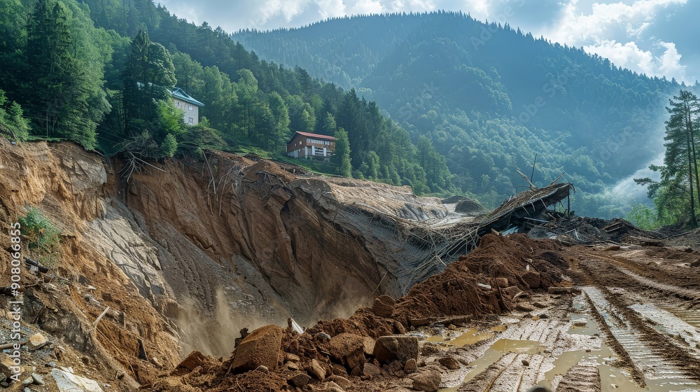 Landslide in a mountain area after heavy rains, a consequence of ...