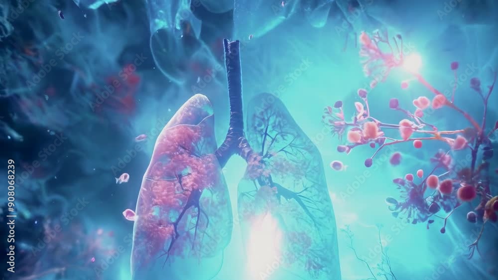 A 3D-rendered illustration of human lungs highlighting alveoli and ...