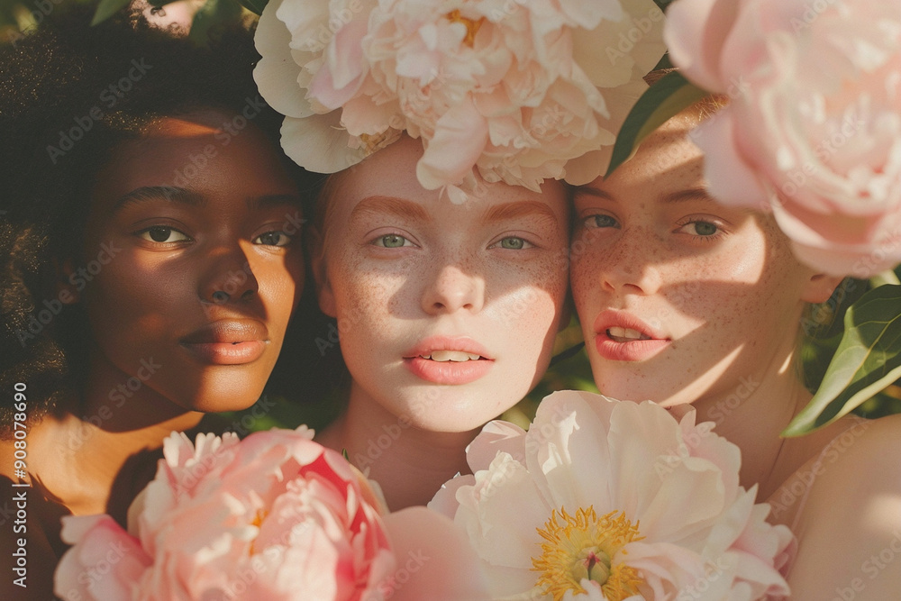 Beauty shoot with three models of ethnically diverse girls dressed in ...