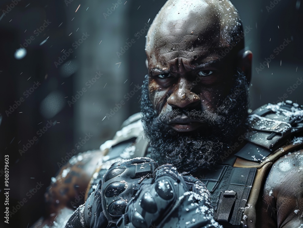 Medium shot of A huge muscular bald black special forces soldier with a ...