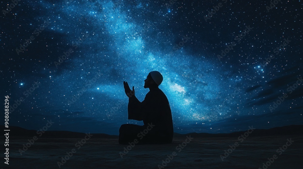 Silhouette of a Muslim boy in traditional clothing, praying under a ...