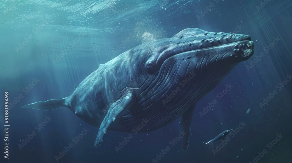 The picture of the blue whale is swimming in the ocean with the bright ...
