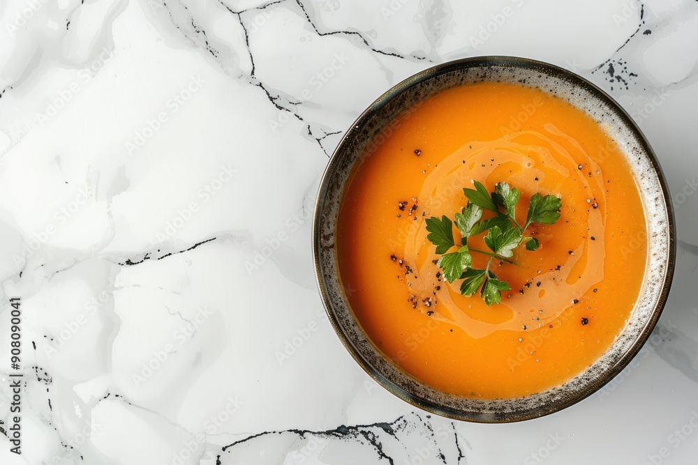 Smooth pumpkin bisque arranged in a creamy dish, showcased on a sleek ...