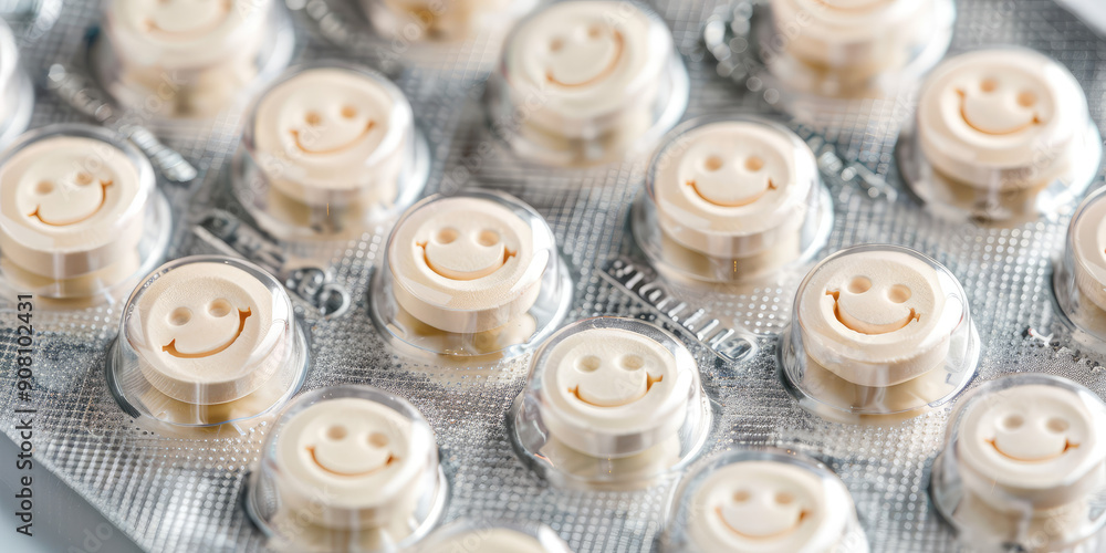 Tablets with smiles smiley faces in a blister pack on a simple ...