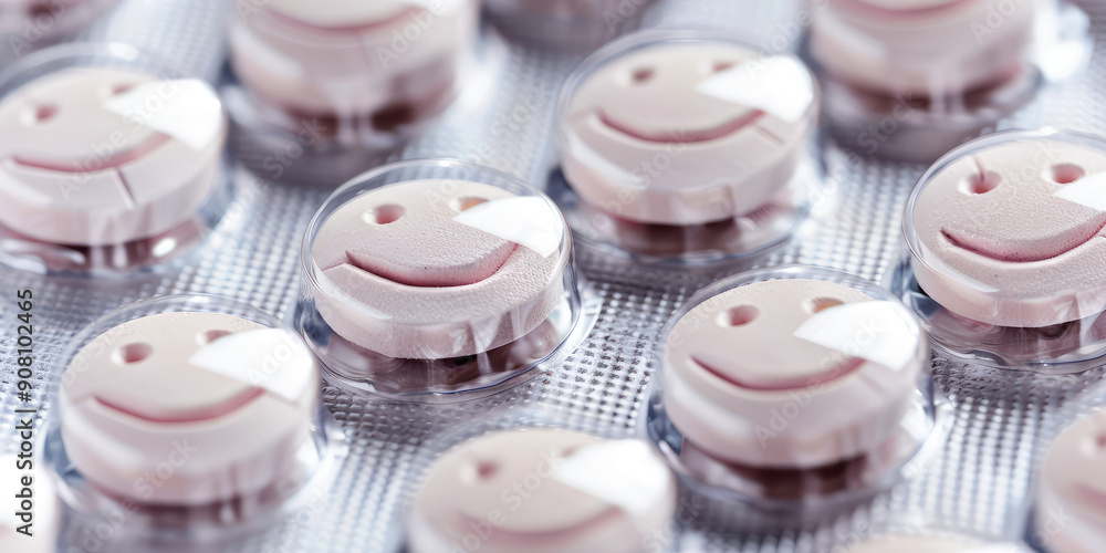 Tablets with smiles smiley faces in a blister pack on a simple ...