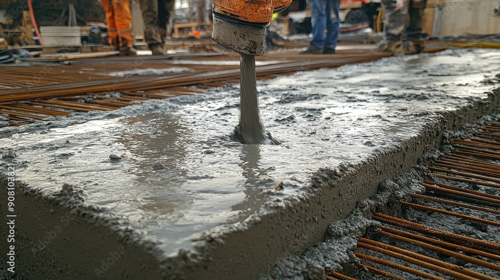 Concrete being poured into a reinforced rebar surface on a commercial ...