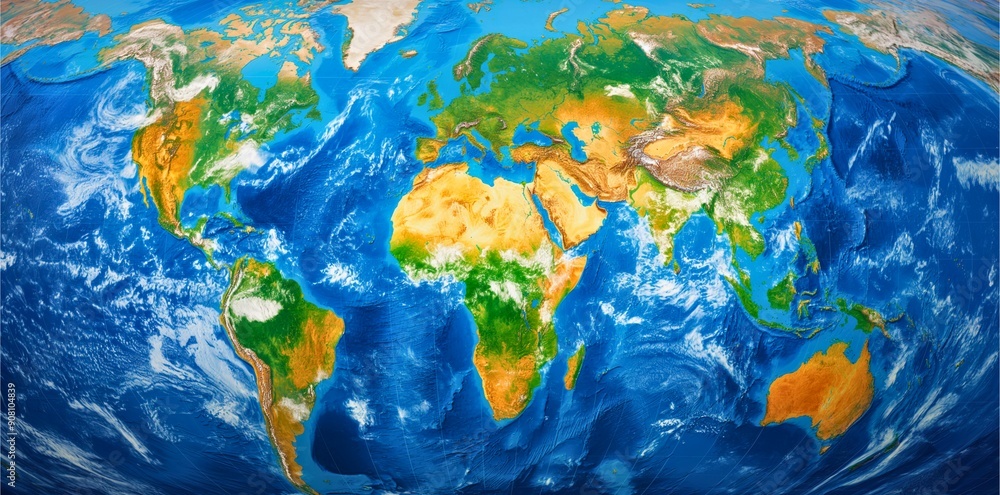 A high-resolution, detailed world map highlighting the continents and ...