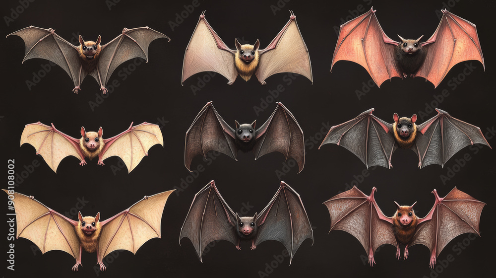 Showcase a variety of bat species, such as fruit bats, vampire bats ...
