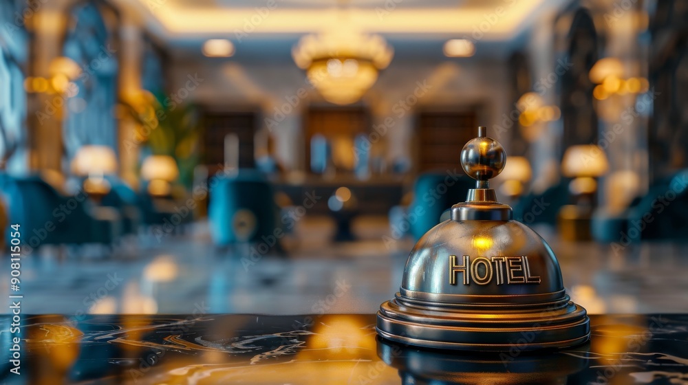 In a blurry background, a hotel reception bell on a counter is ideal ...