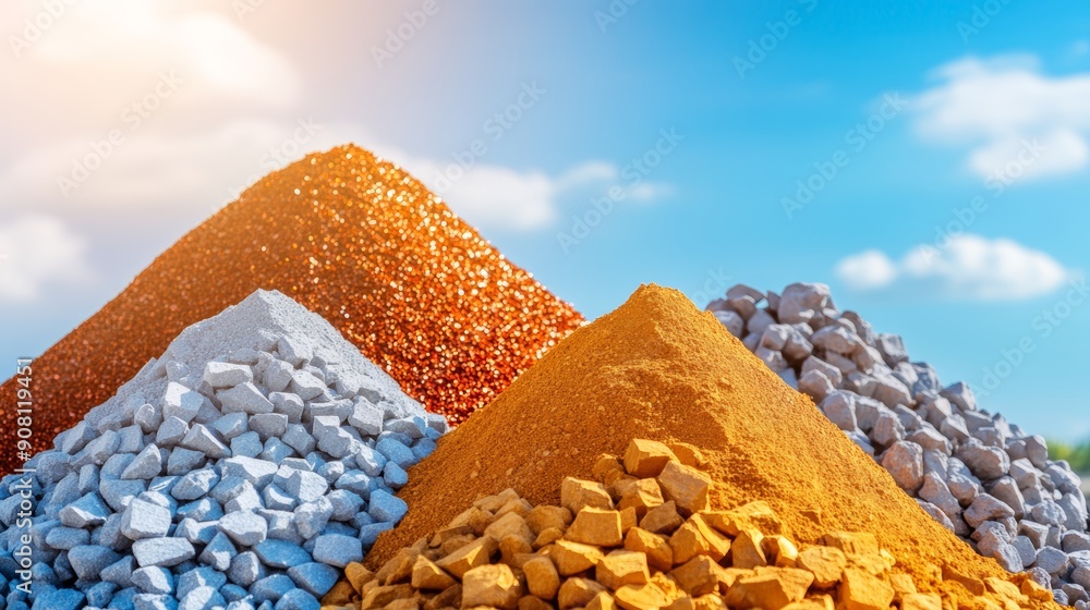 Close-up of mineral piles in a port, showcasing different types of ores ...