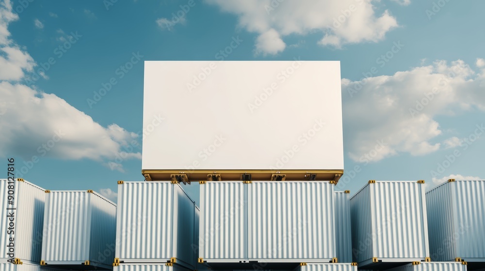 Urban port scene with a massive white billboard on stacked cargo ...