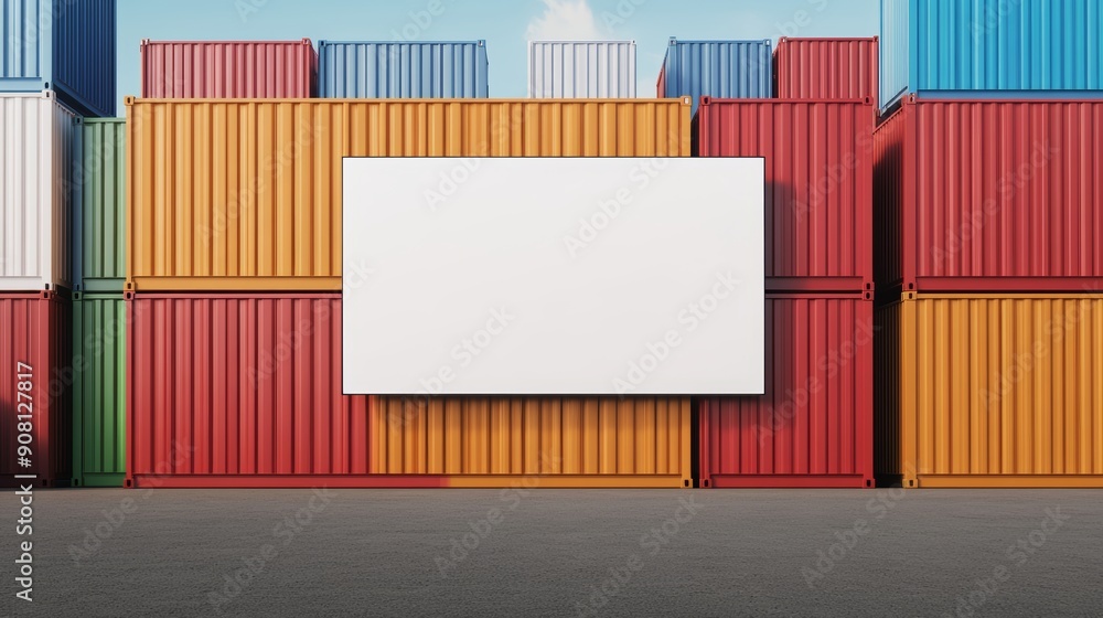 Urban port scene with a massive white billboard on stacked cargo ...