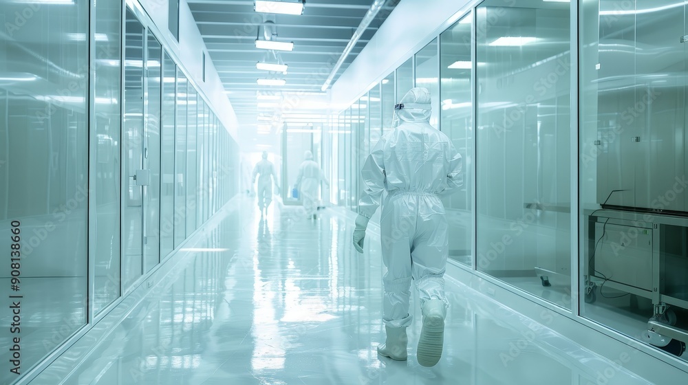 Cleanroom Corridor with Workers in White Suits, Wide Shot, Blue Tone, Sterile Environment ...