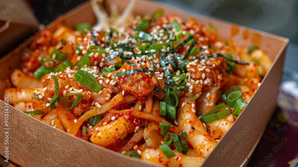 Spicy Korean Rice Cakes in a Takeout Box, Sesame Seeds, Gochujang ...