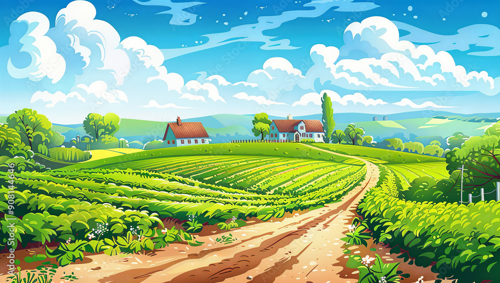 Cartoon illustration style, green fields with dirt roads and farmhouses ...