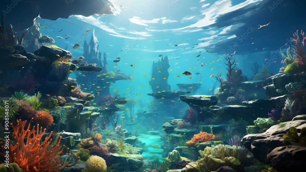 A vibrant coral reef teeming with colorful fish. Sunlight streams ...