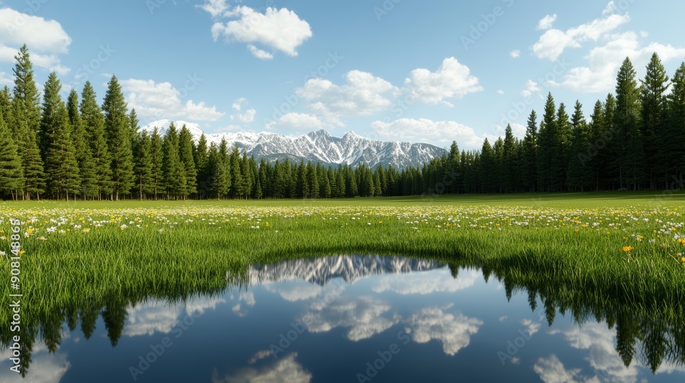 Springtime conifer grove, a vibrant ecosystem with blooming wildflowers ...