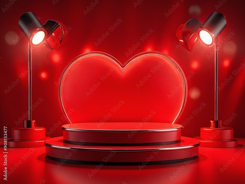 Bright red heart-shaped stage with spotlights for romantic performances ...