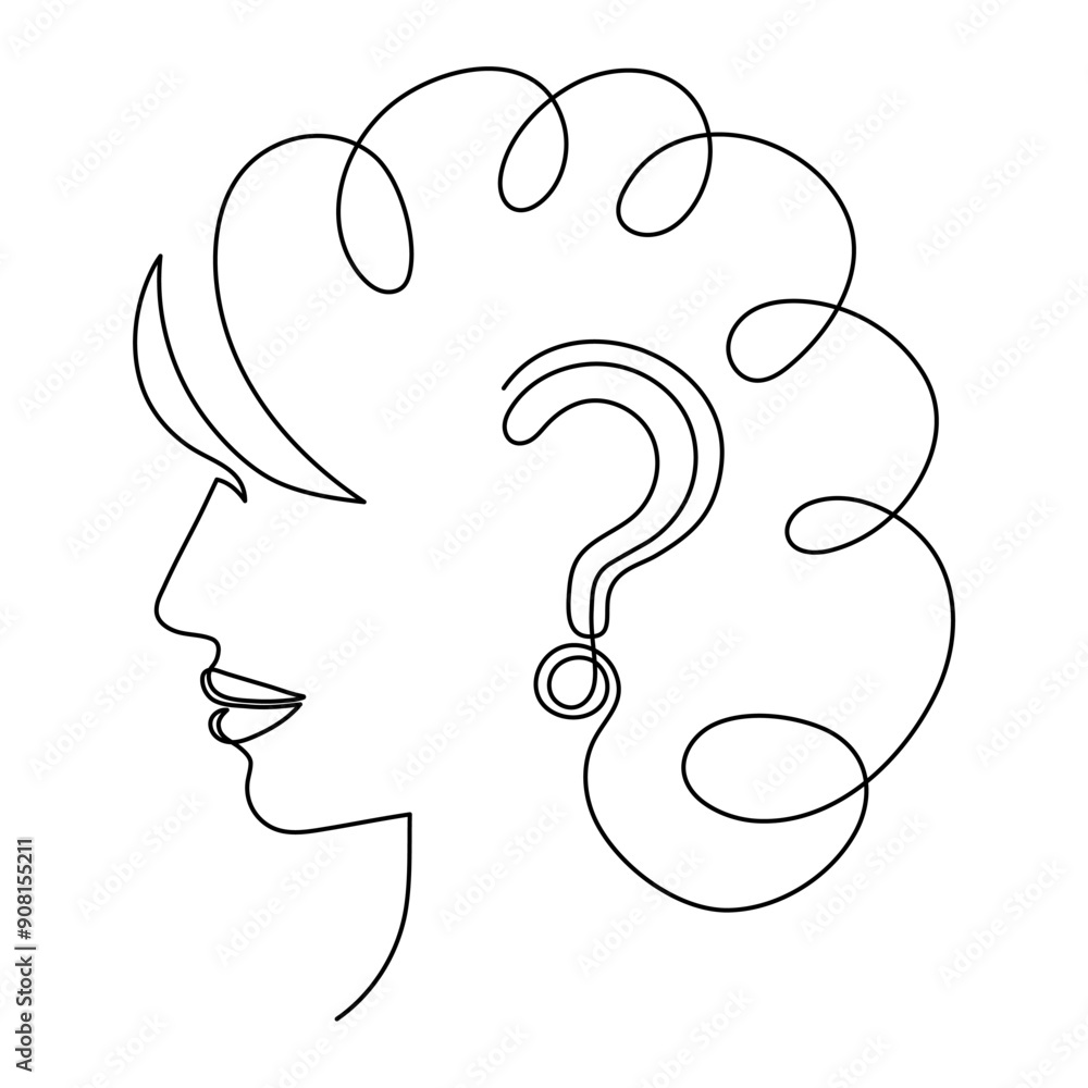 Woman with question mark,one line art,hand drawn asking sign continuous ...