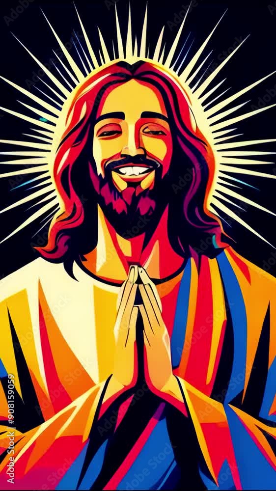 jesus christ face smiling with halo and rays of light cartoon style ...