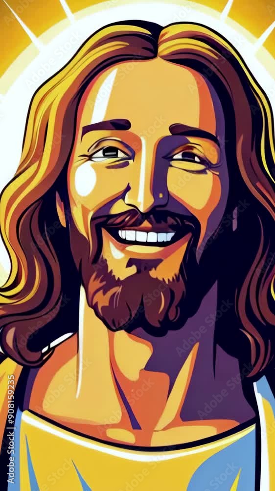 jesus christ face smiling with halo and rays of light cartoon style ...