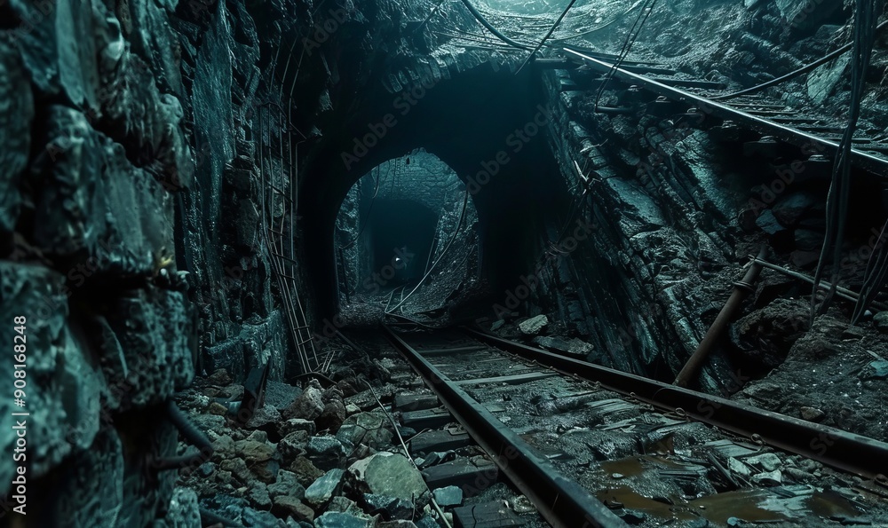 Collapsed mine shaft: Dark tunnels, abandoned mining equipment ...