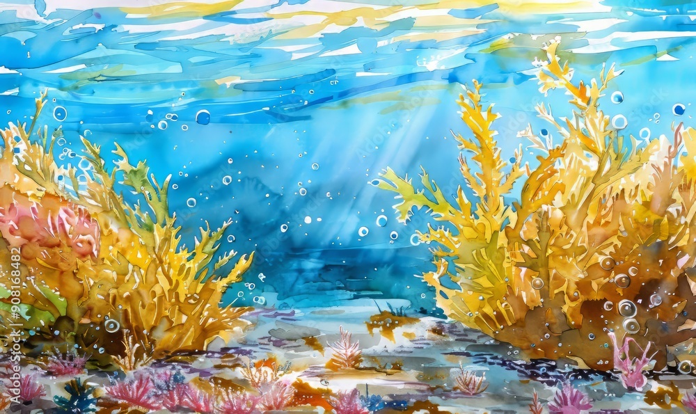 Colorful watercolor painting of underwater golden sea moss in a marine ...