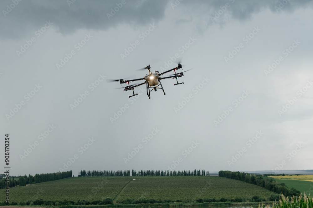 Agrodrone sprayer sprays sunflower fields, precision farming, the ...