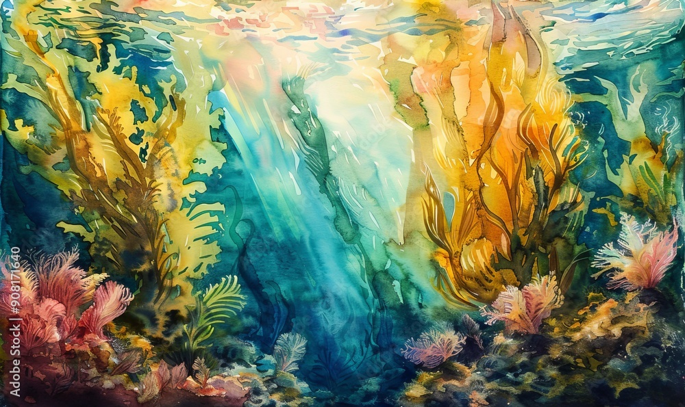 Colorful watercolor painting of underwater golden sea moss in a marine ...