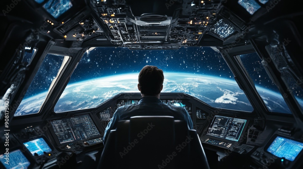 Astronaut Gazing at Earth from Spacecraft Cockpit - An astronaut sits ...