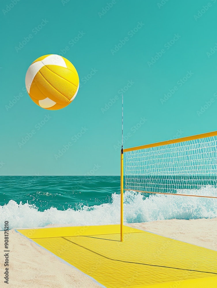 Beach Volleyball Court with Volleyball in the Air - A yellow volleyball ...