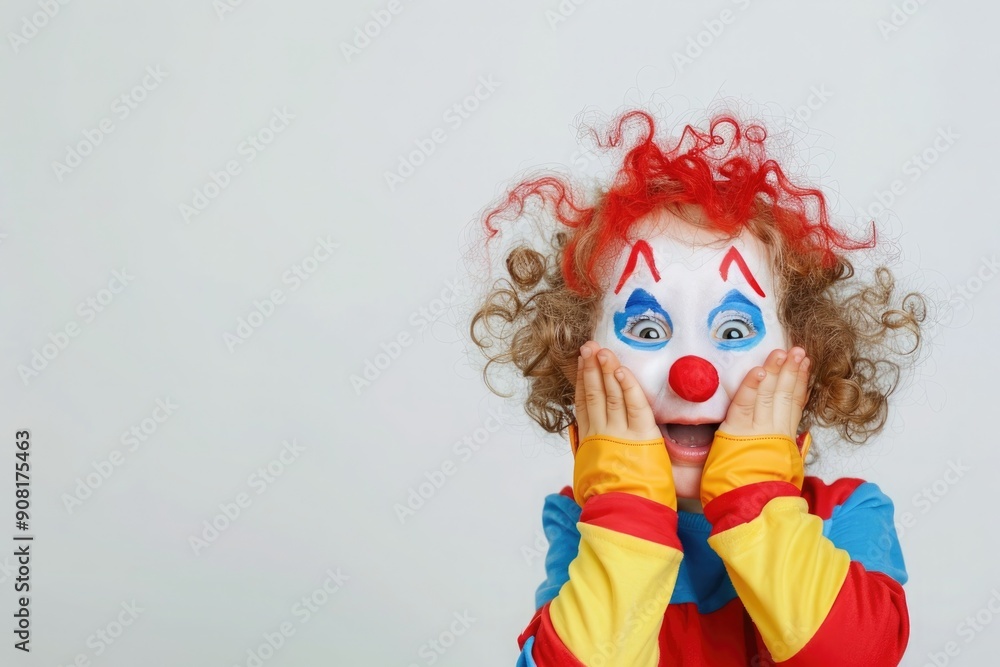 Child dressed as a clown with an expressive surprised face, hands on ...