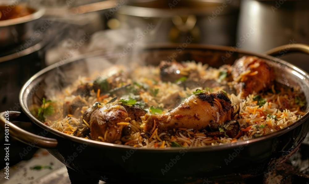 Chicken biryani in a traditional Indian cooking pot. Concept ...