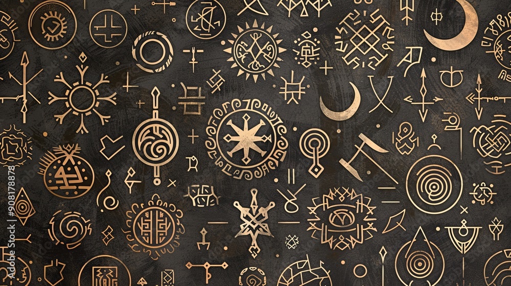 Ancient Symbols of Magic - A Digital Collage of Golden Runes and Glyphs ...