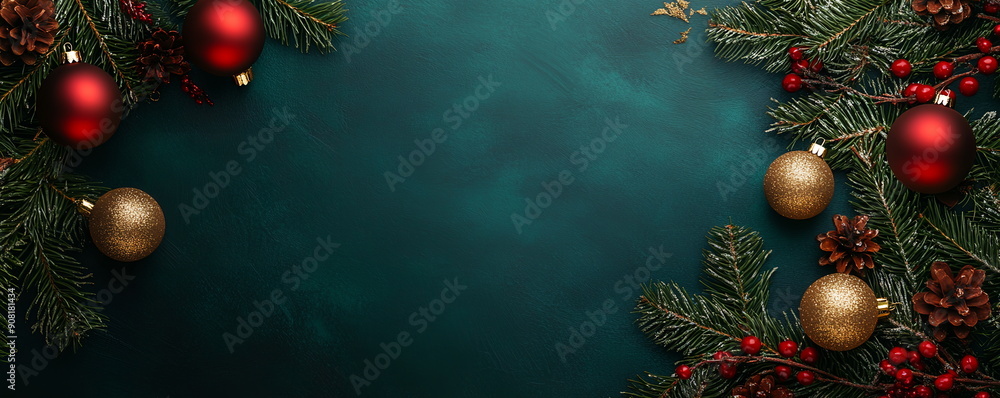 Red and gold Christmas decorations with fir branches on a dark green ...