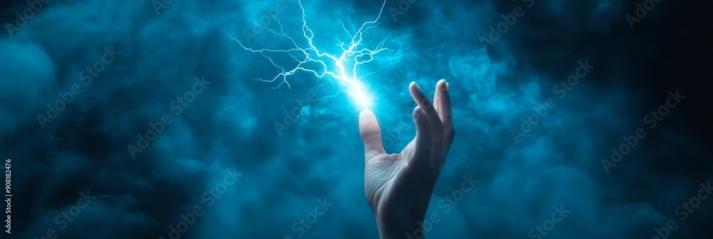 Hand Holding Blue Lightning Energy - A hand reaching out from the dark ...