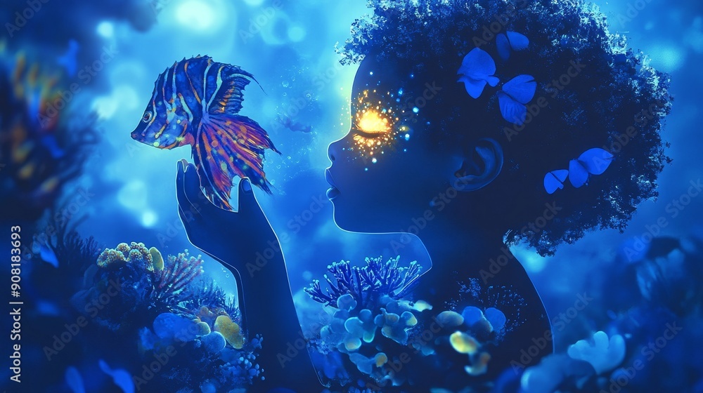 Little Mermaid and the Fish - A young girl with glowing eyes in an ...