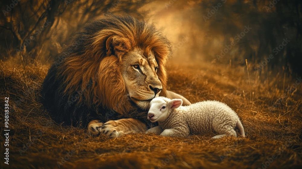 Lion and Lamb: A Symbol of Peace and Harmony - A majestic lion gently ...
