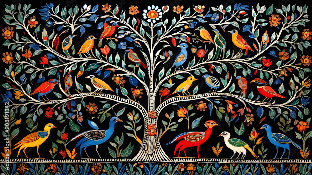 Reflecting the interdependence of nature in Madhubani style, the tree ...